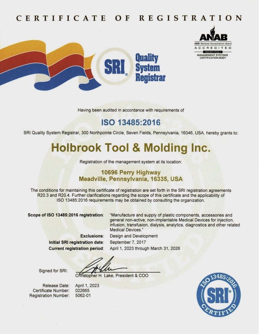 Certifications | Holbrook Tool & Molding
