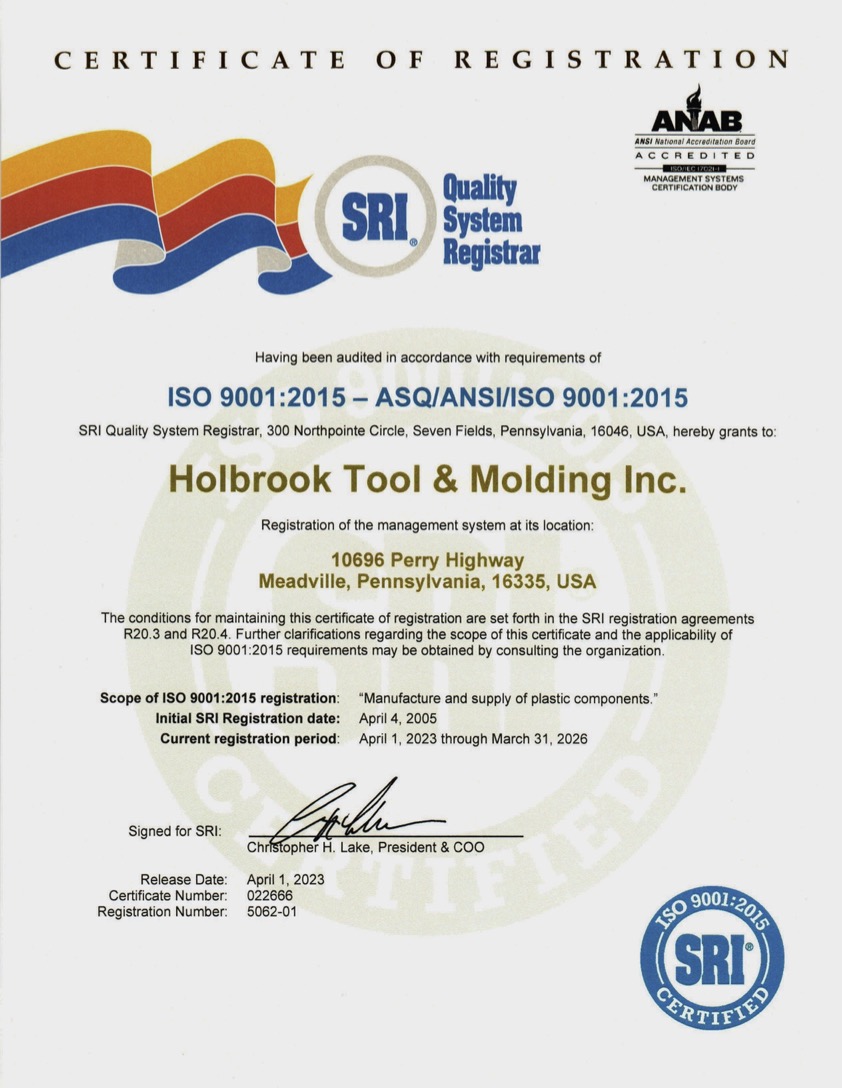 Certifications | Holbrook Tool & Molding