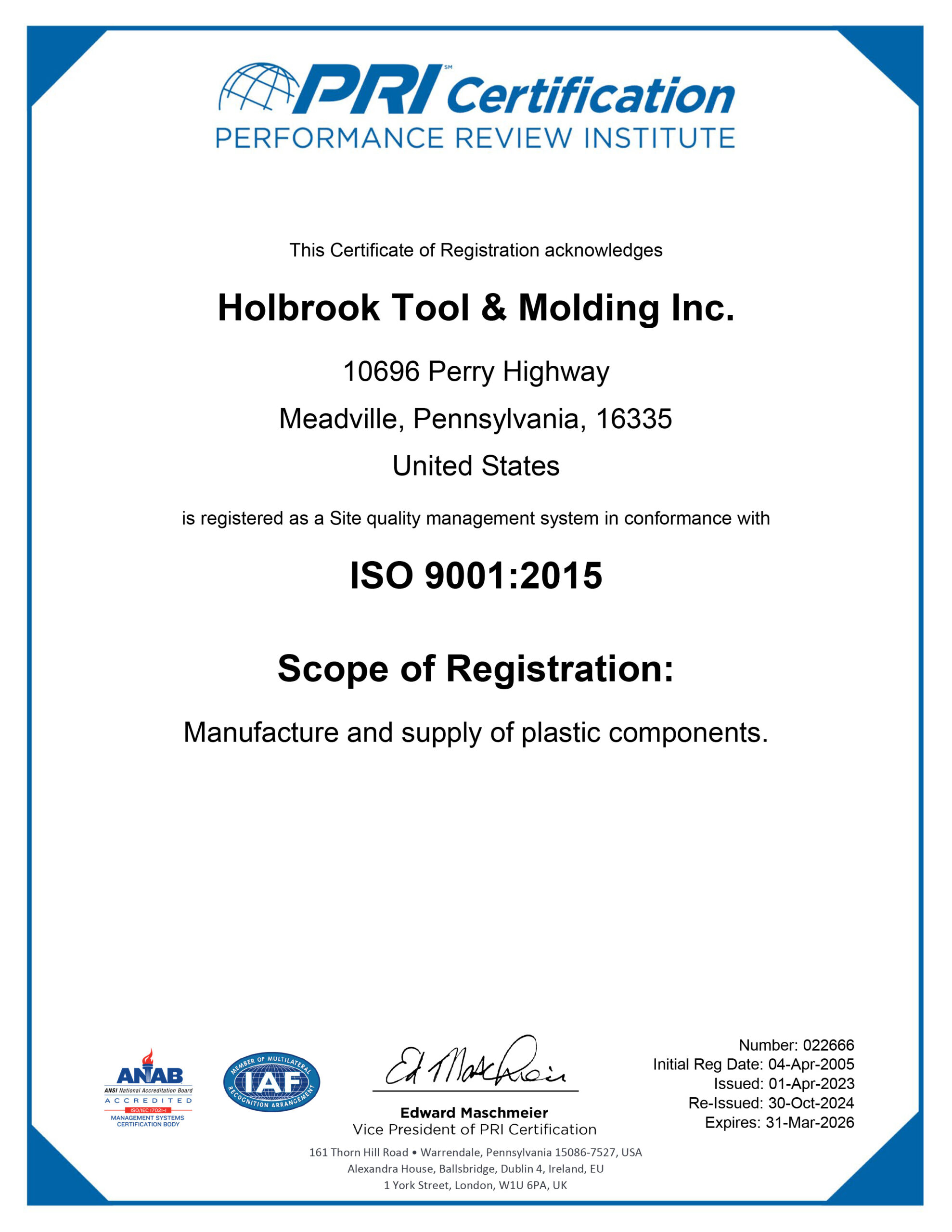 Certifications | Holbrook Tool & Molding